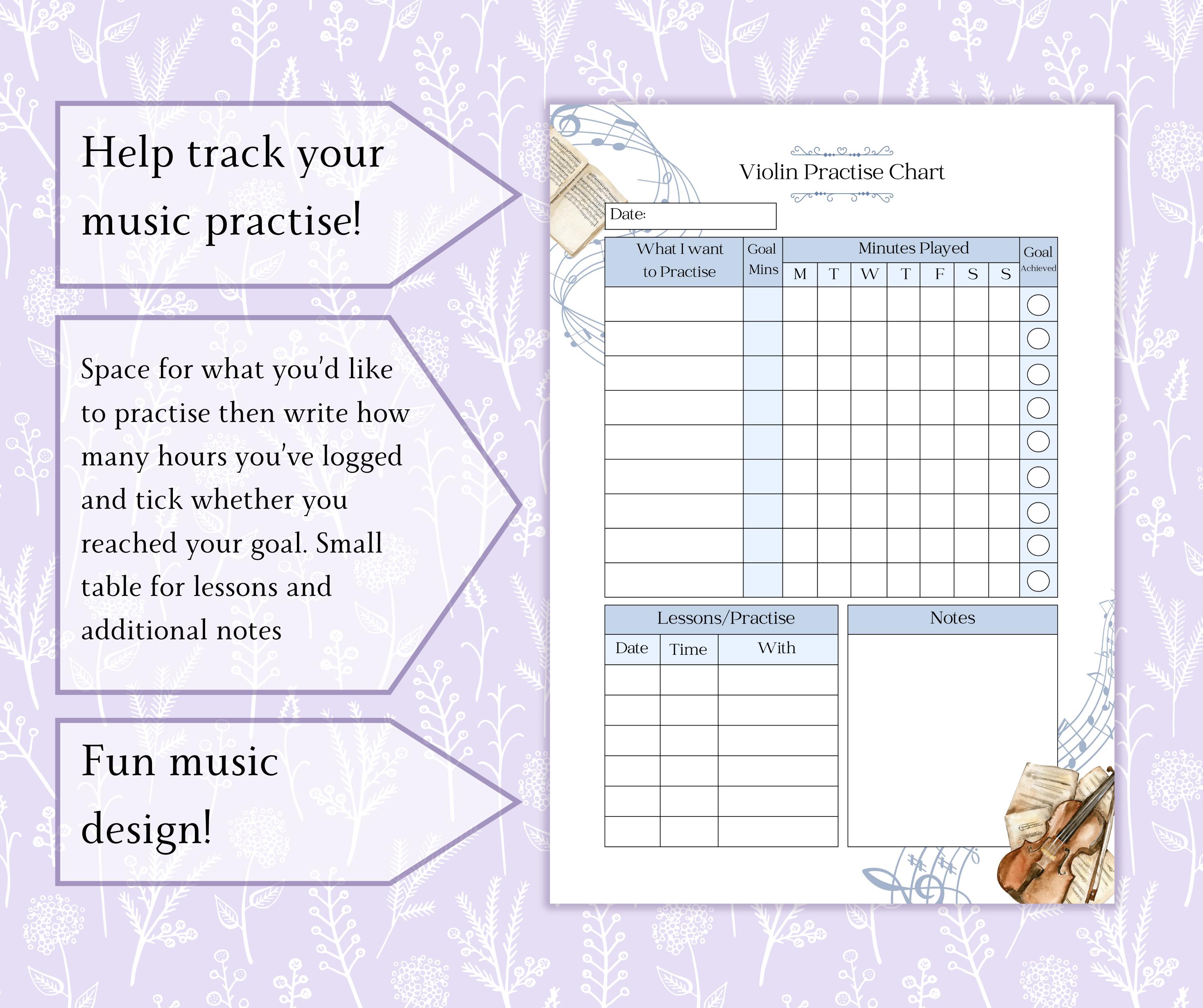 Violin Practice Chart Printable PDF | Weekly Practice Log | Violin ...