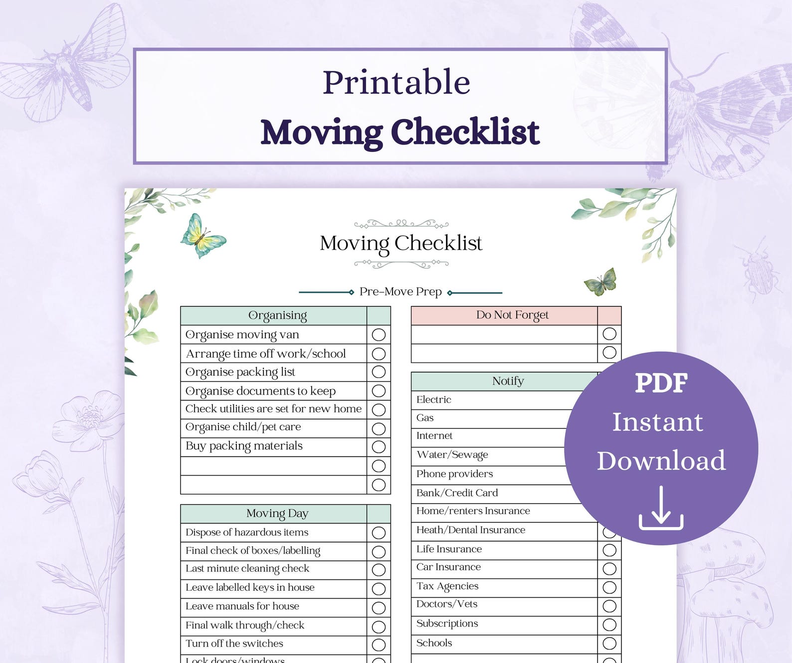 Moving Checklist Printable PDF | Moving Planner | New Home Checklist ...