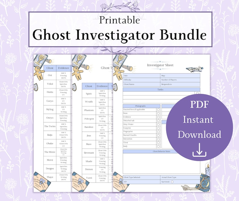 Phasmophobia Investigator Bundle Printable PDF | Ghost Type Cheat Sheet | Ghost Hunting Journal ...