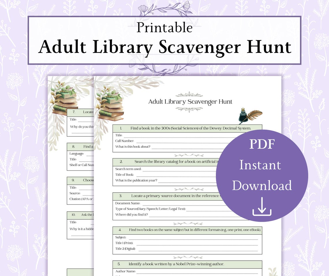 Adult Library Scavenger Hunt Printable PDF | Librarian Forms | Advanced ...