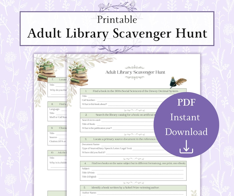 Adult Library Scavenger Hunt Printable PDF | Librarian Forms | Advanced ...
