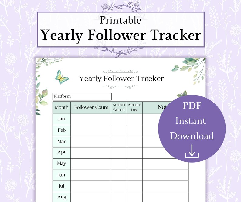 Yearly Follower Tracker Printable PDF | Followers Counter | Social ...