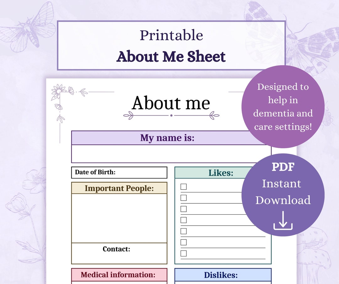 About Me Sheet Printable PDF | Dementia Care | Get to Know Me ...