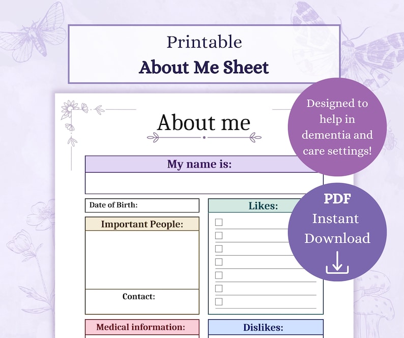 About Me Sheet Printable PDF | Dementia Care | Get to Know Me ...