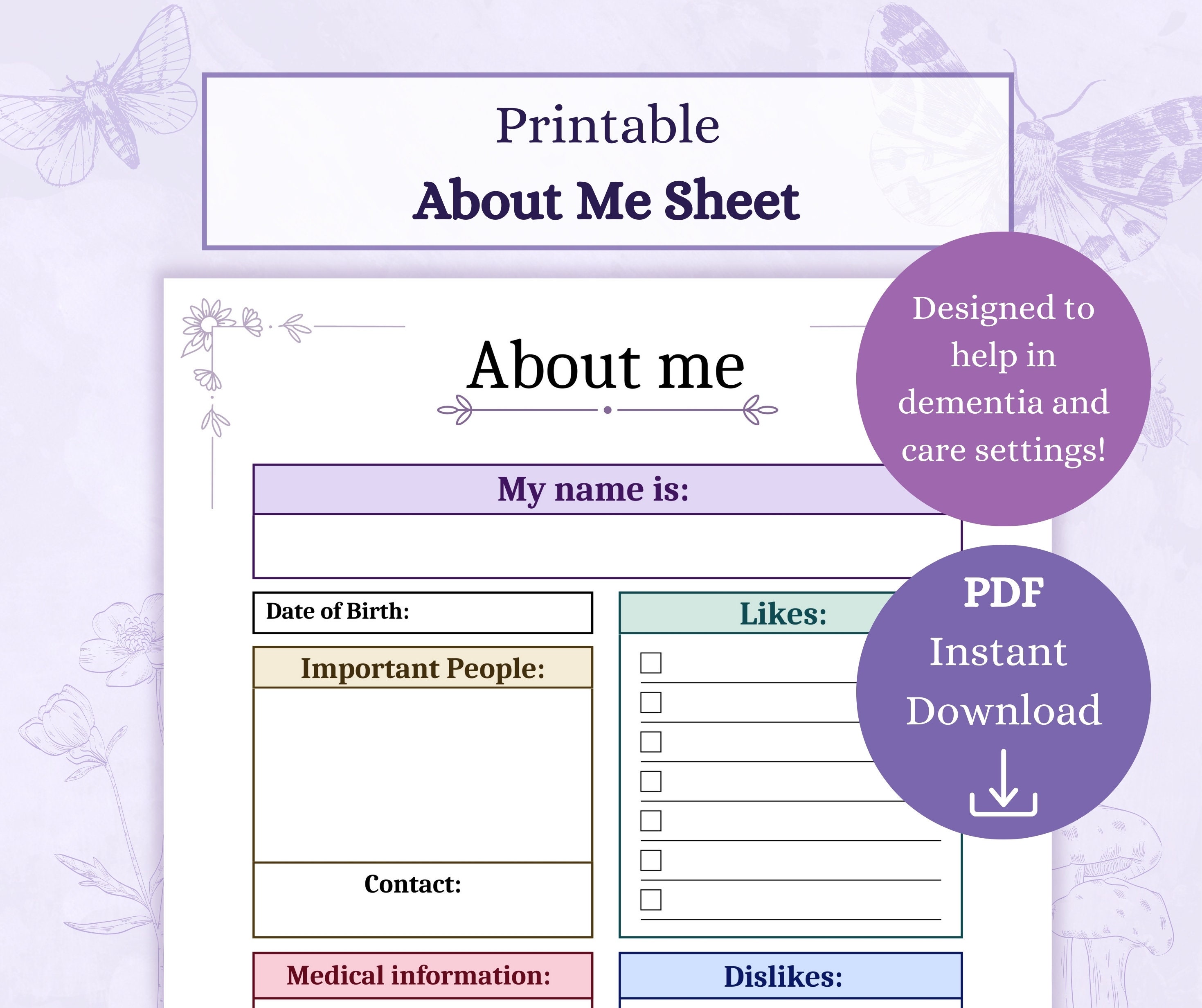 About Me Sheet Printable PDF | Dementia Care | Get to Know Me ...