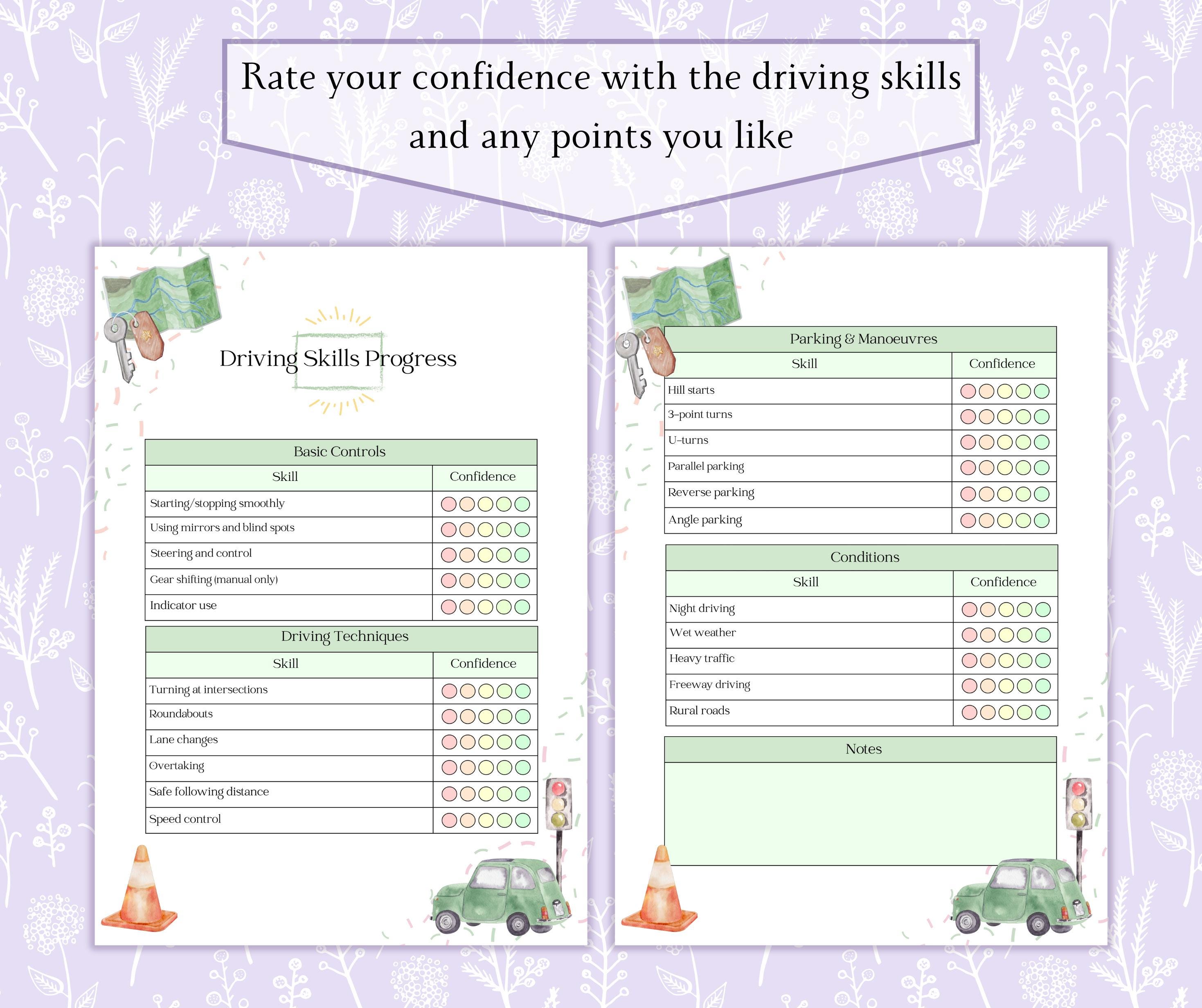 Driving Skills Progress Log Printable PDF | Driving Competence Tracker ...