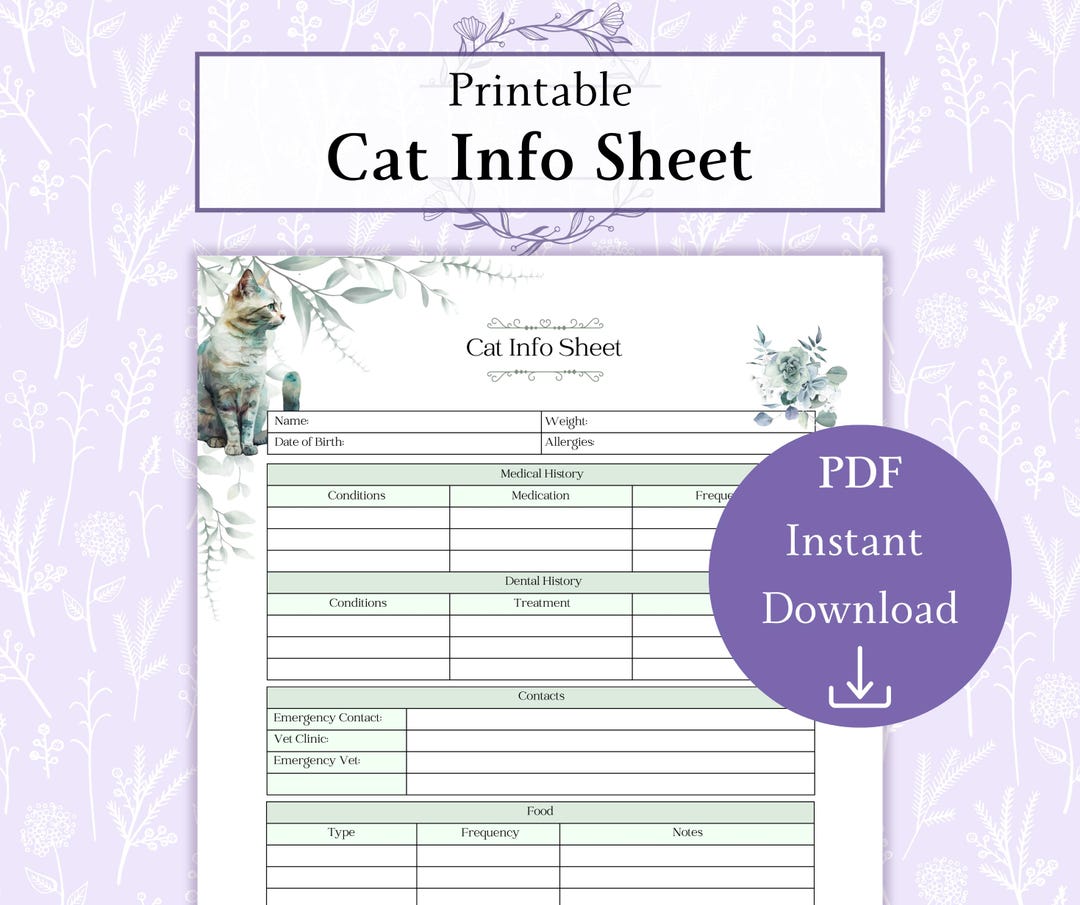Cat Info Sheet Printable PDF | Pet Sitter Forms | Cat Health Record ...