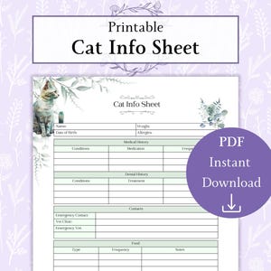 Cat Info Sheet Printable PDF | Pet Sitter Forms | Cat Health Record ...