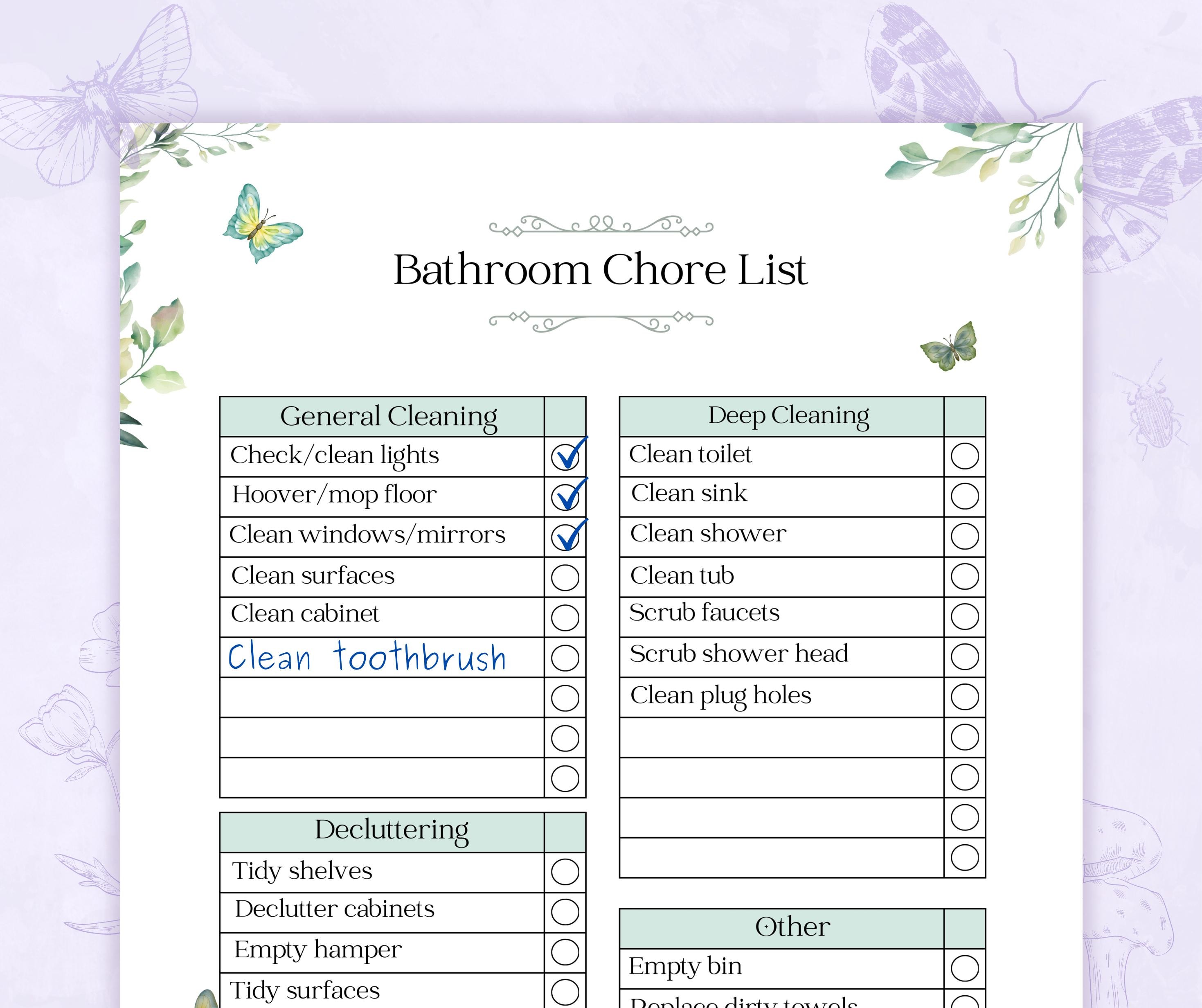 Bathroom Chore List Printable PDF | Bathroom Cleaning Checklist | Chore ...