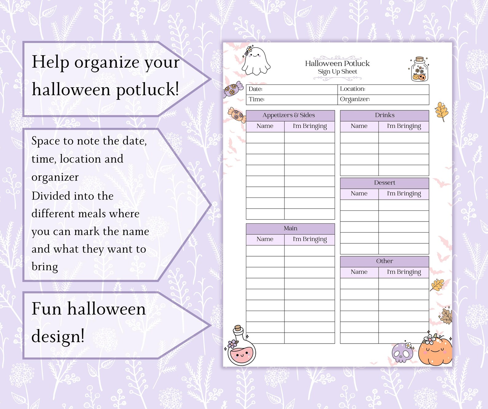 Halloween Potluck Sign up Sheet Printable PDF Food List Family Potluck ...