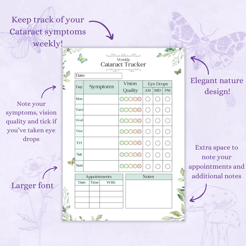Cataract Tracker Printable PDF | Eye Sight Diary | Weekly Cataract ...