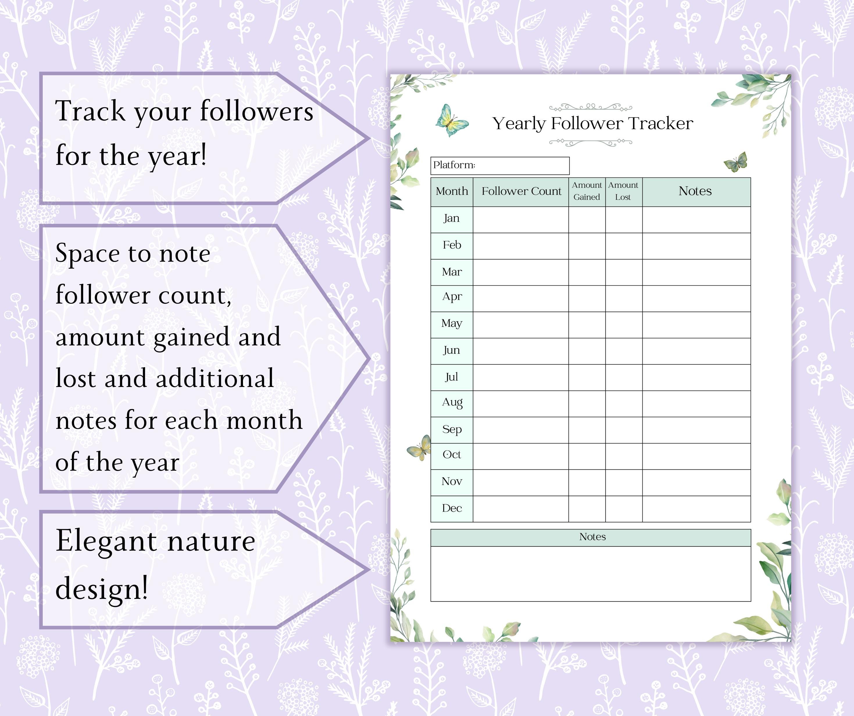 Yearly Follower Tracker Printable PDF | Followers Counter | Social ...