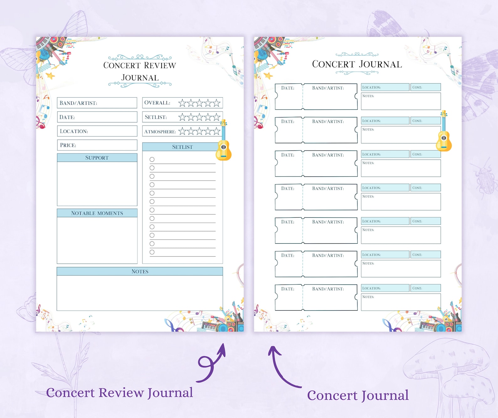 Concert Journal Bundle Printable PDF | Gig Tracker Live Music Review ...