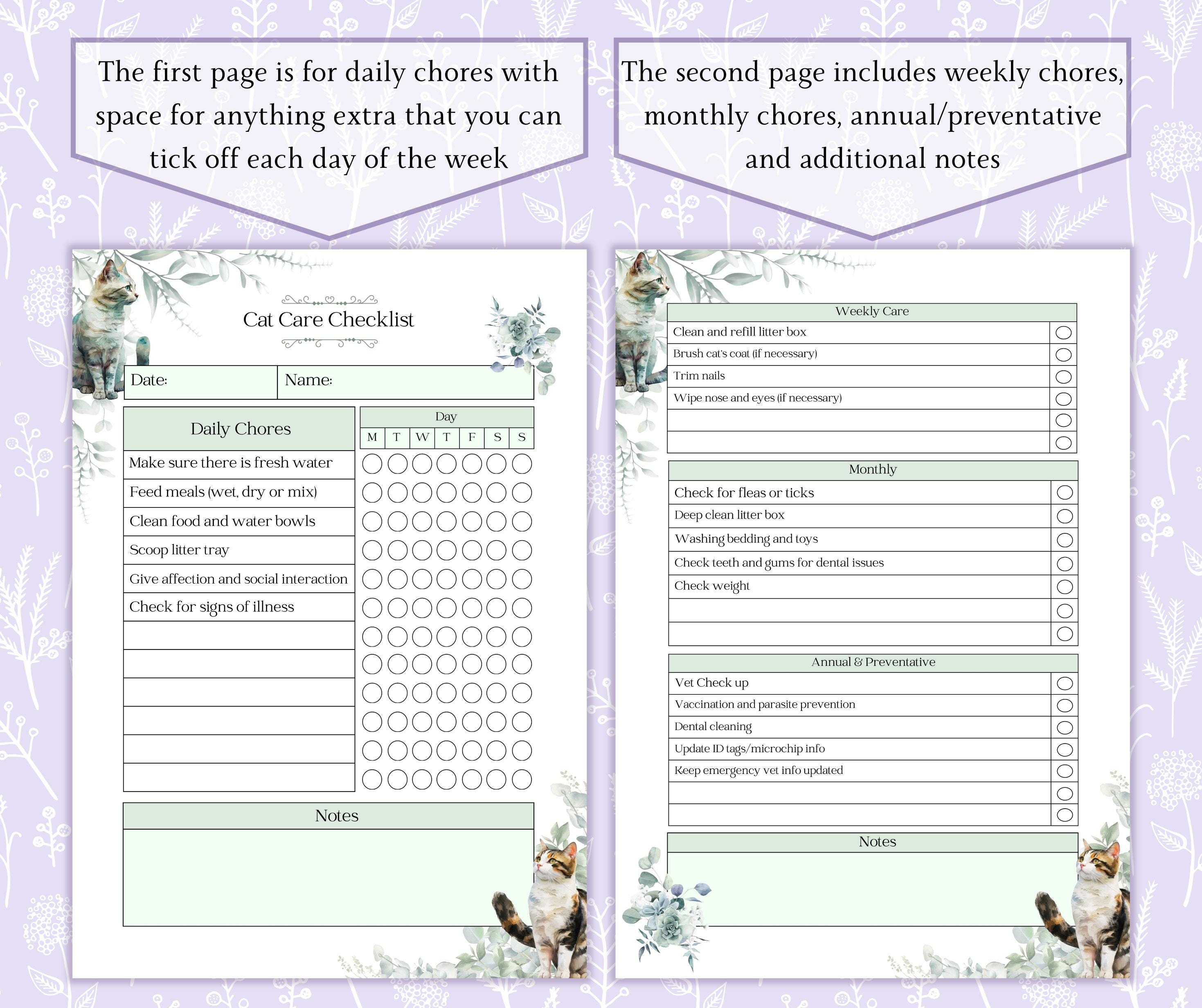 Cat Care Checklist Printable PDF | New Kitten Checklist | Pet Sitter ...