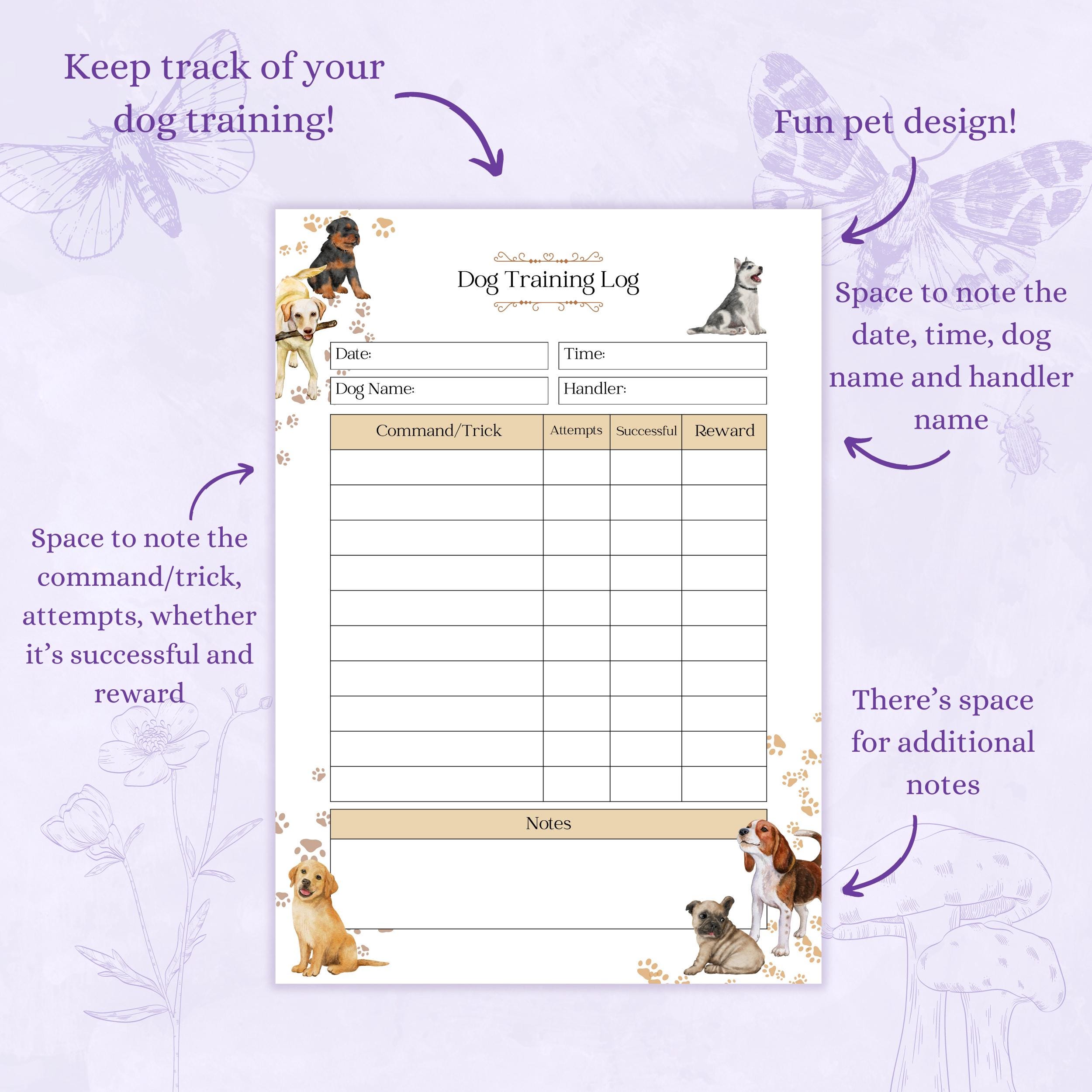 Dog Training Log Printable PDF | Dog Training Sheet | Pet Care Log ...