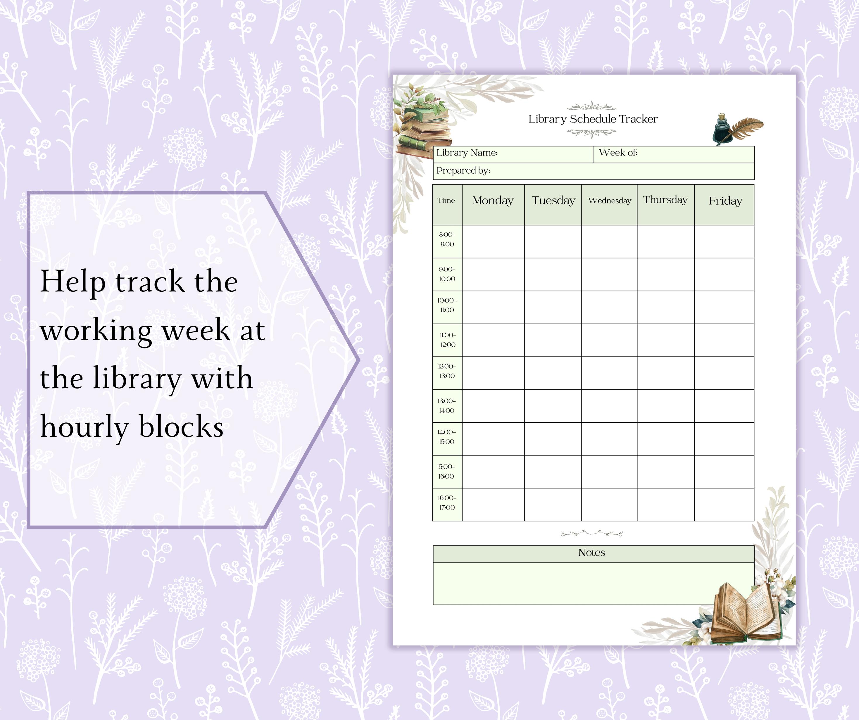 Library Schedule Tracker Printable PDF | Library Weekly Schedule | Time ...