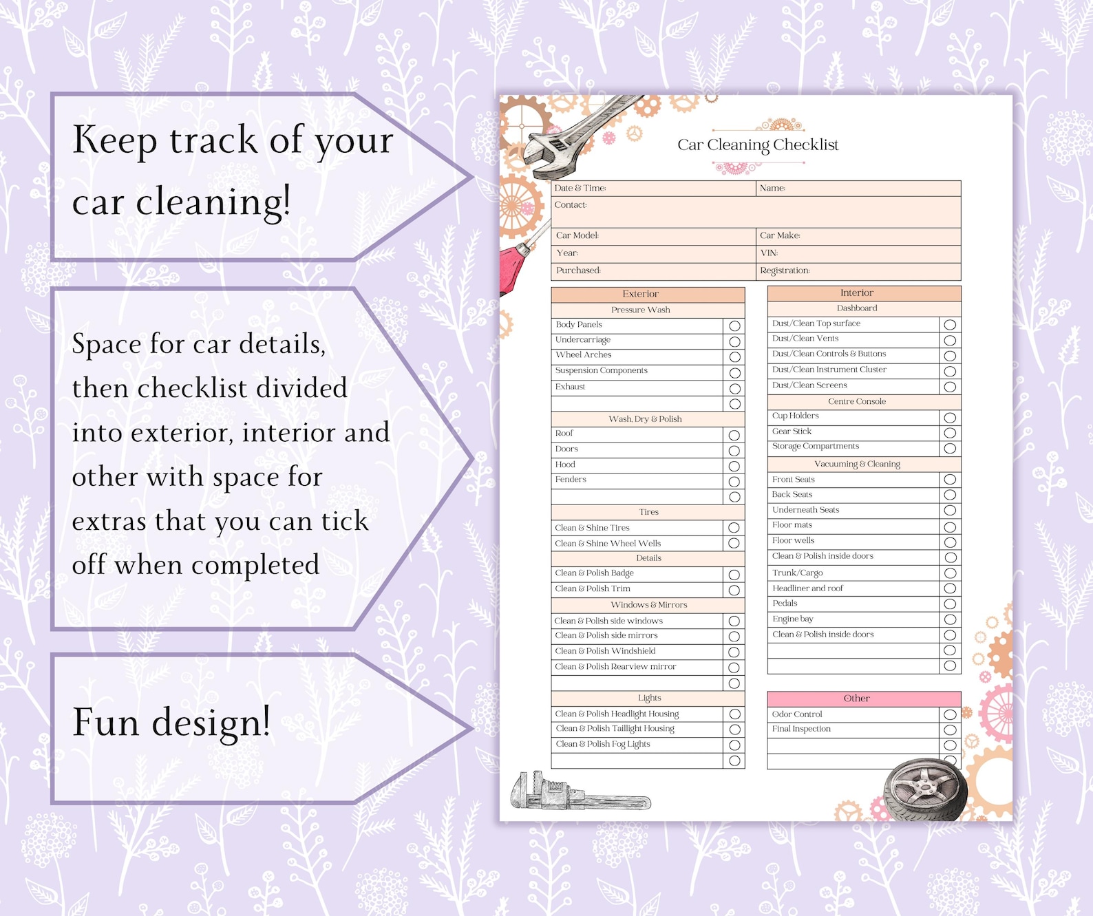 Car Wash Checklist Printable PDF | Car Cleaning List | Vehicle Care Log ...