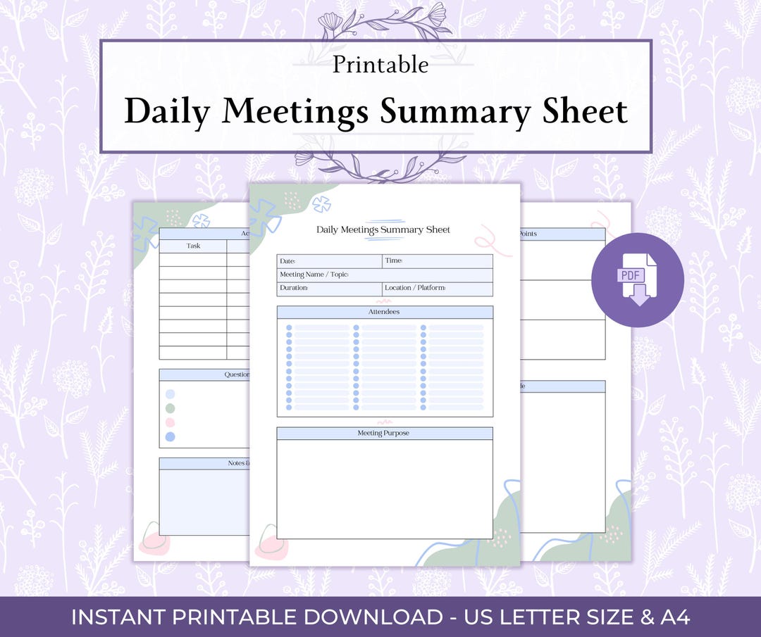 Daily Meetings Summary Sheet Printable PDF, Meeting Notes Template ...