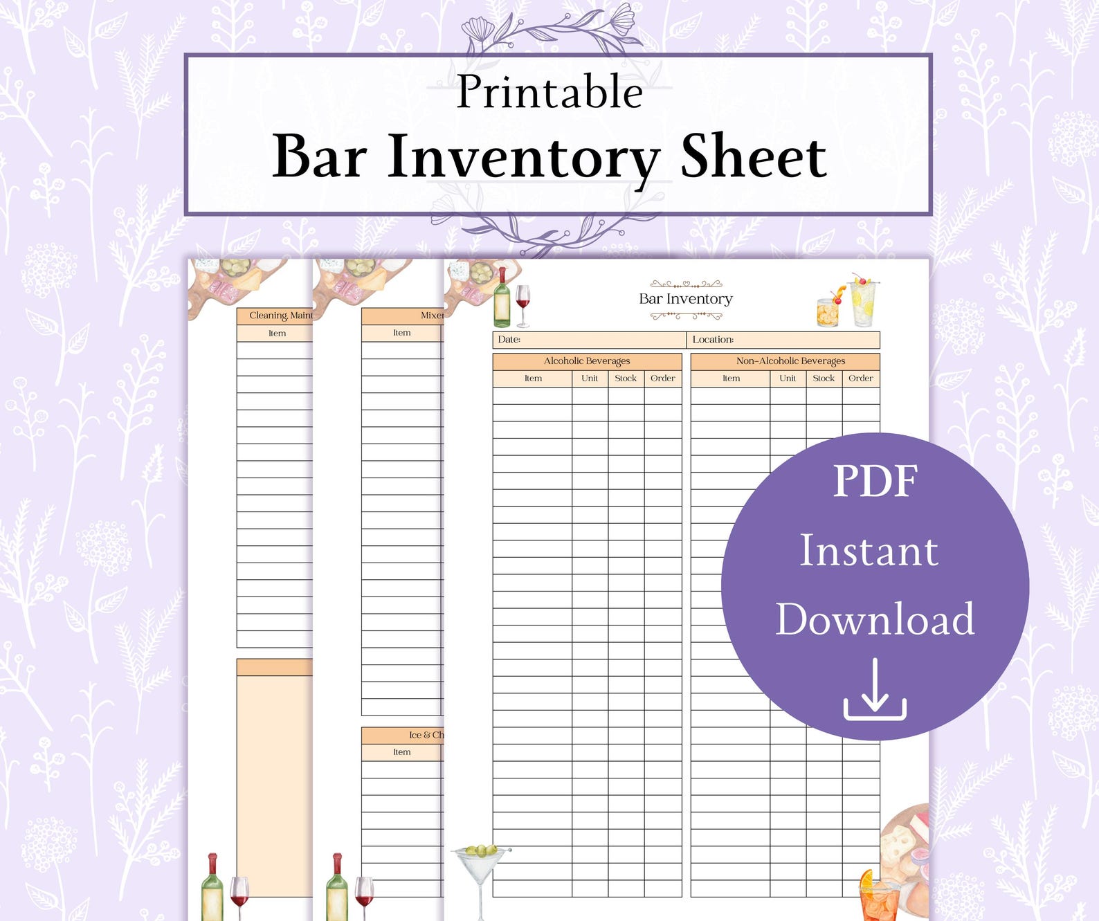 Bar Inventory Sheet Printable PDF | Bar Checklist | Bartender Reorder ...