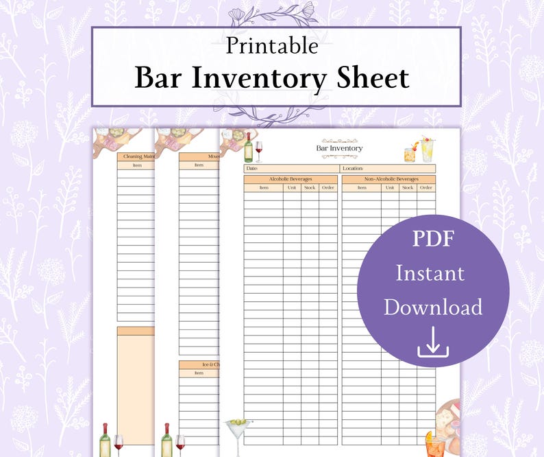Bar Inventory Sheet Printable PDF | Bar Checklist | Bartender Reorder ...