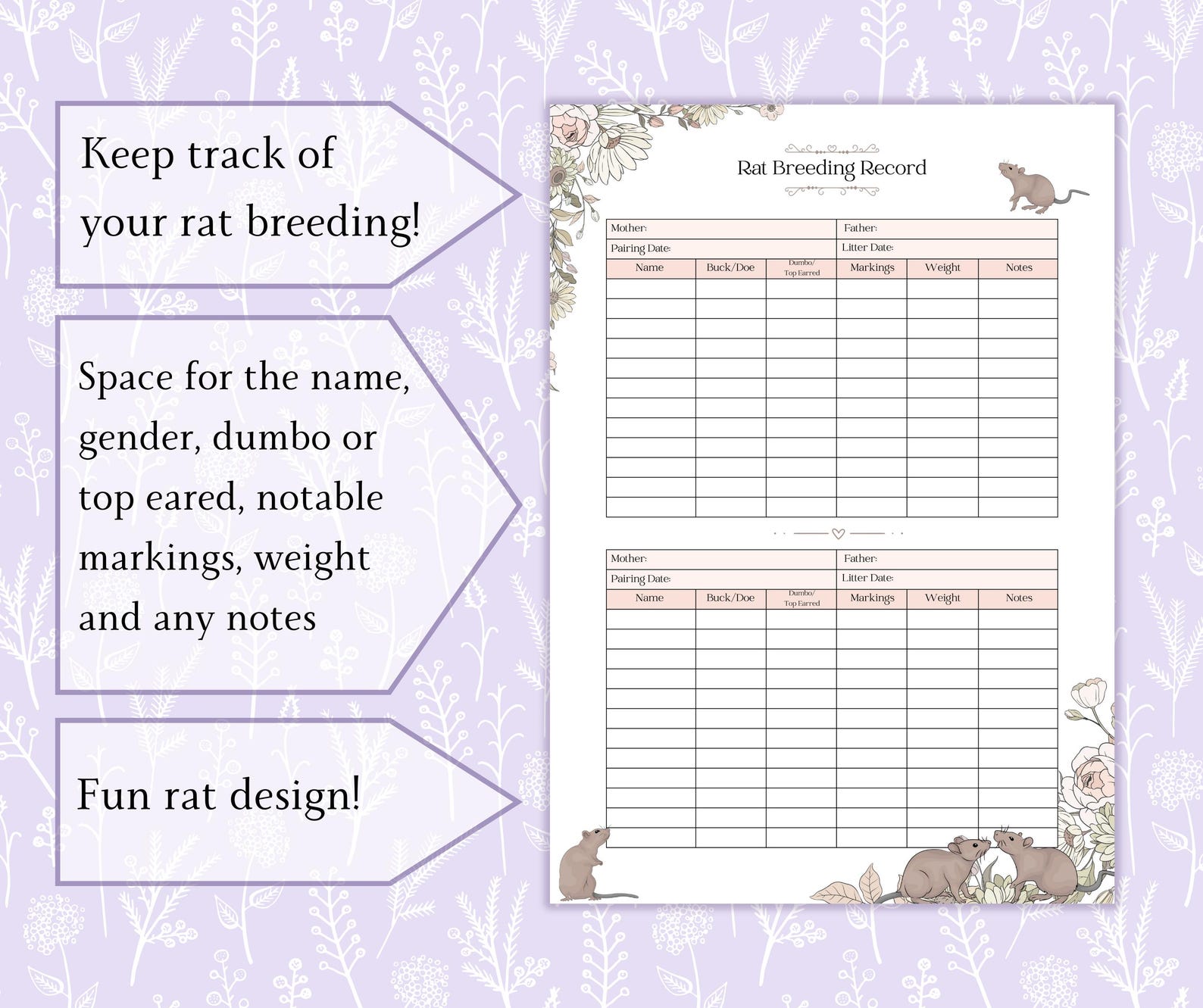 Rat Breeding Record Printable PDF | Rat Breeder Log | Rat Care Log ...