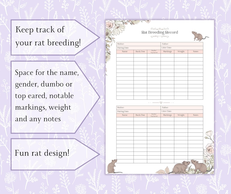 Rat Breeding Record Printable PDF | Rat Breeder Log | Rat Care Log ...