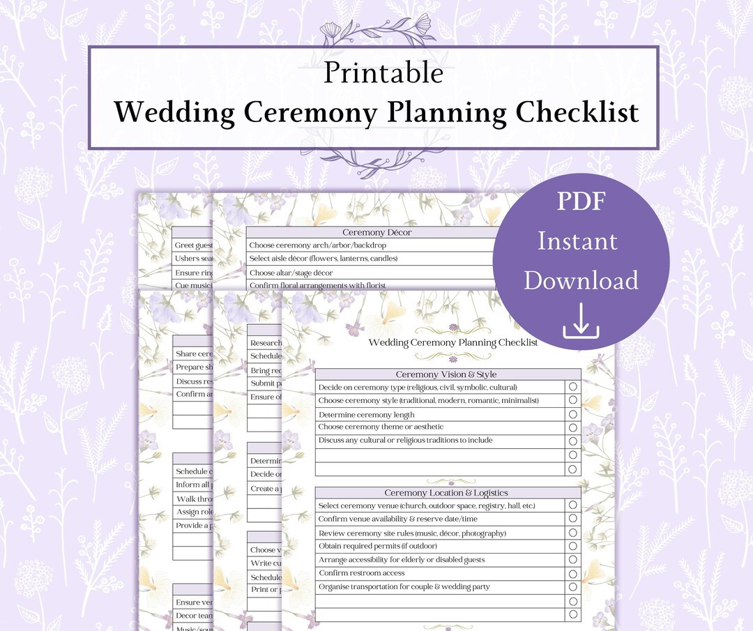Wedding Ceremony Planning Checklist Printable PDF, Ceremony Organizer ...