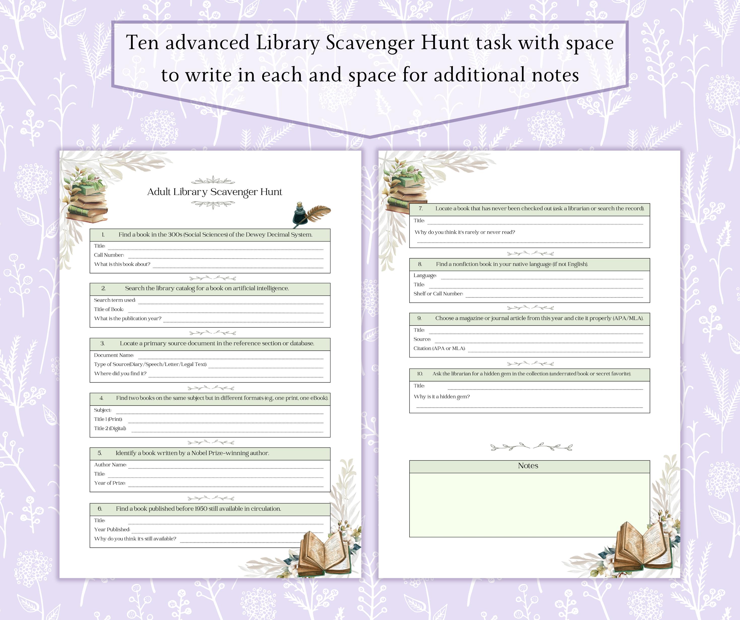 Adult Library Scavenger Hunt Printable PDF | Librarian Forms | Advanced ...