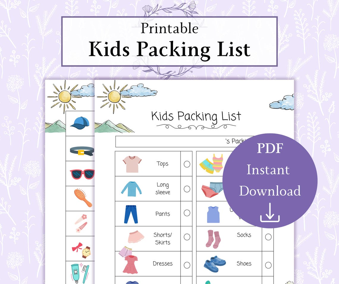 Kids Packing List Printable PDF | Travel Packing Checklist for Kids ...