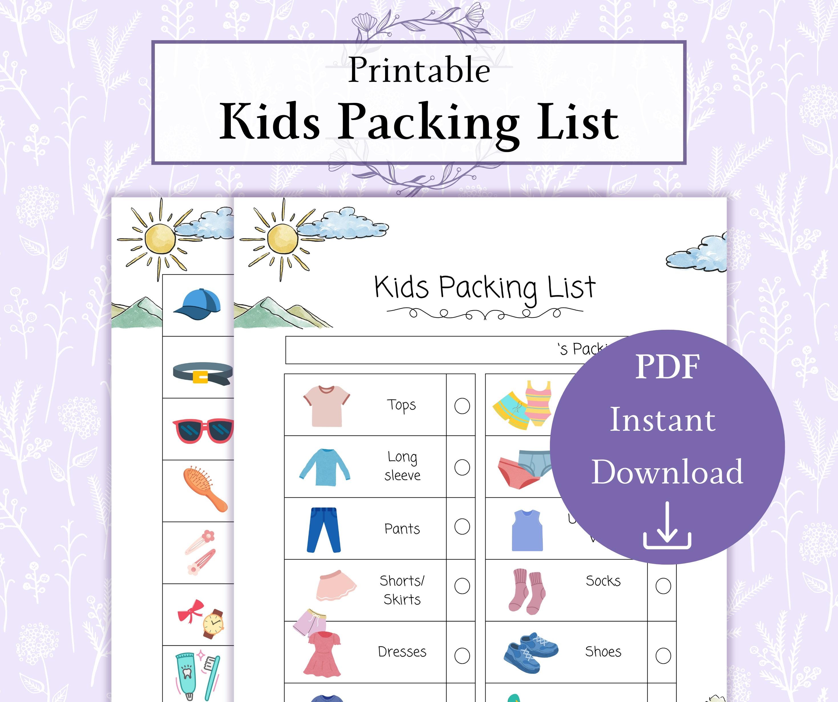 Kids Packing List Printable PDF | Travel Packing Checklist for Kids ...