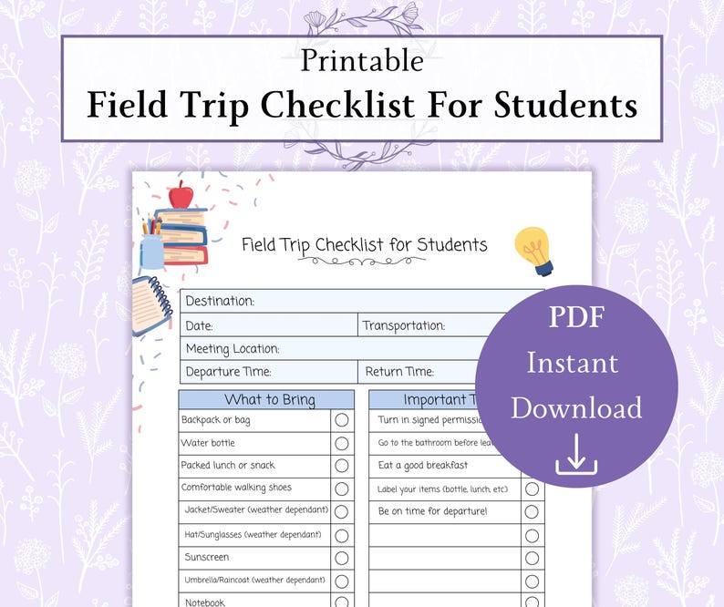 Student Field Trip Checklist Printable PDF, Field Trip Packing List, Printable Kids Checklist ...
