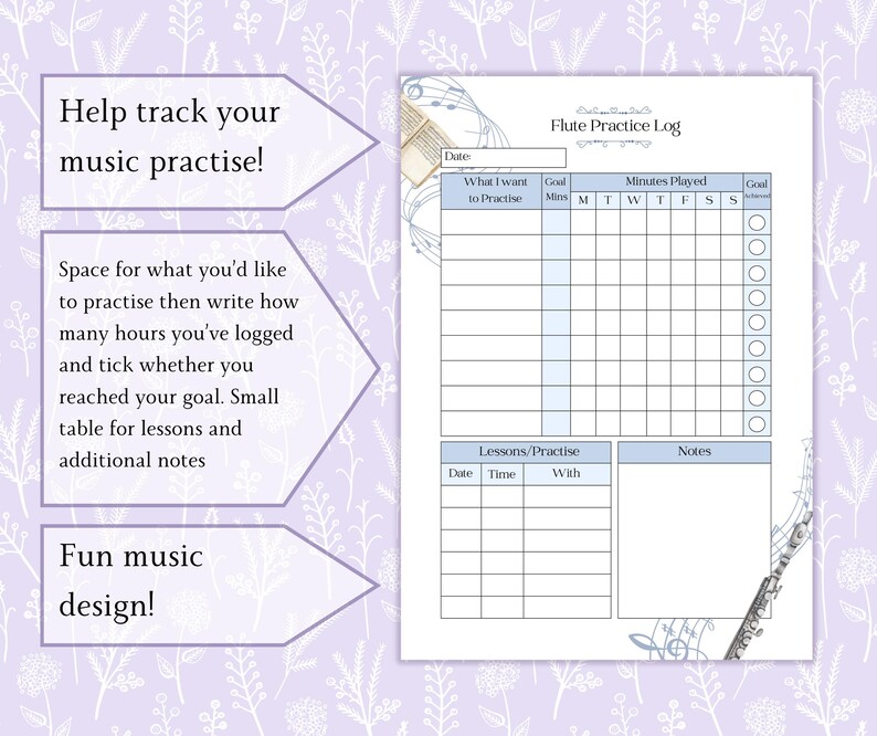 Flute Practice Chart Printable PDF | Weekly Practice Log | Flute Lesson ...
