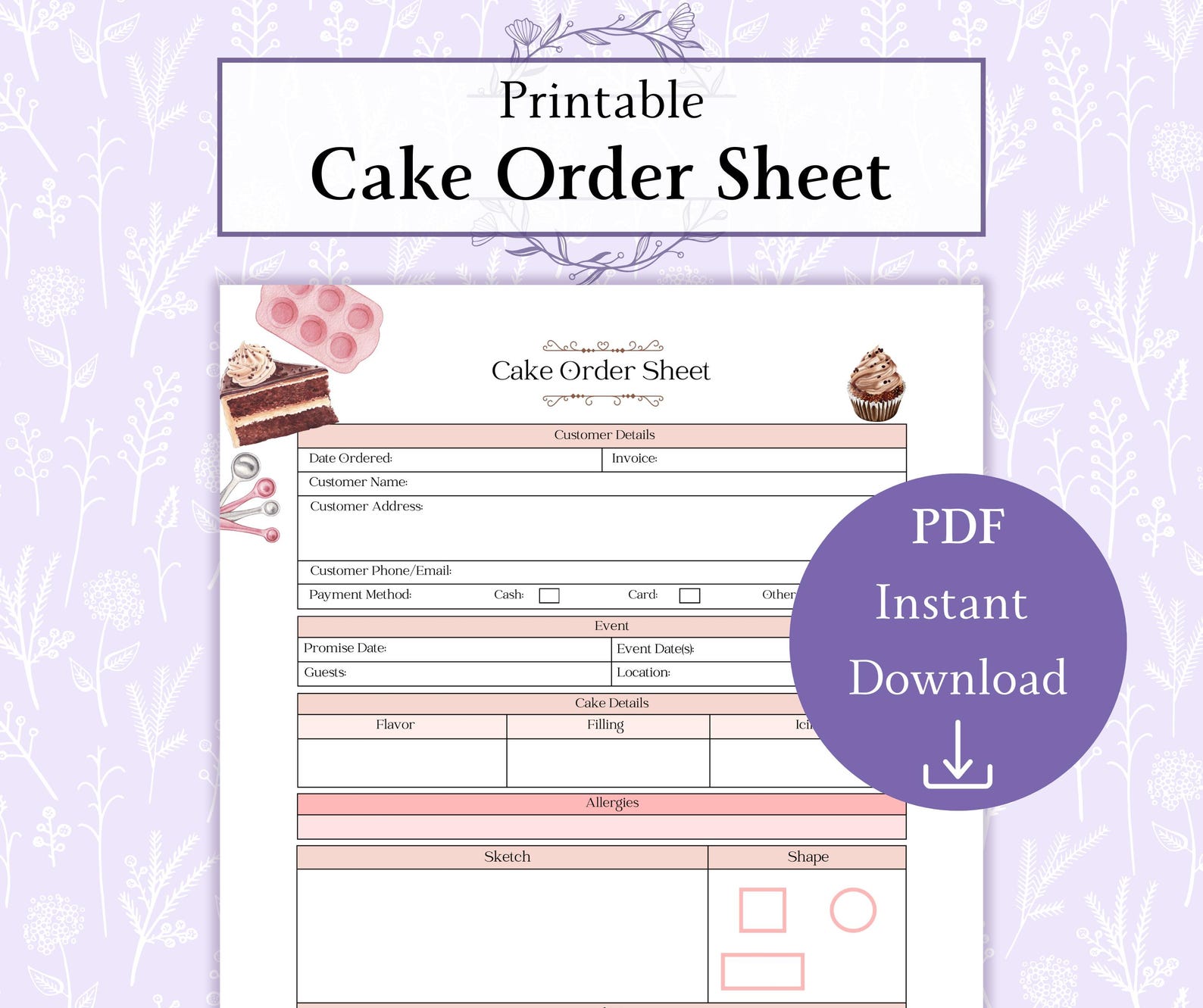 Cake Order Form Printable PDF | Bakery Order Form Template | Food Order ...