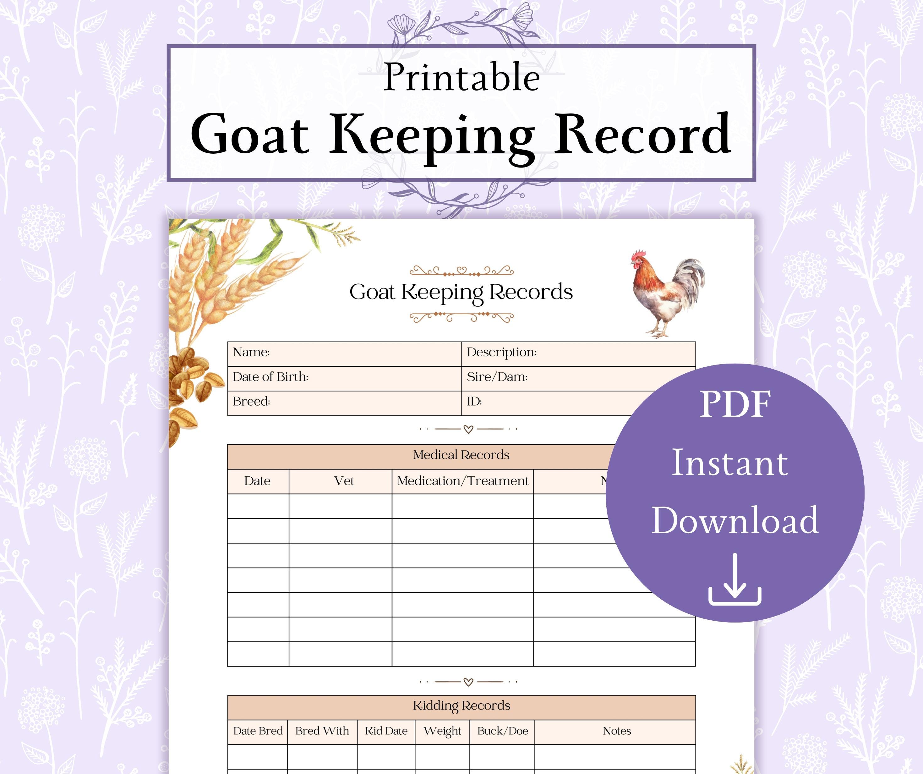 Goat Keeping Records Sheet Printable PDF | Goat Log Book | Goat Journal ...