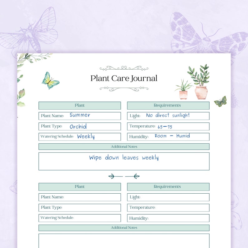 Plant Care Journal Printable PDF | House Plant Care Instructions | Pot ...