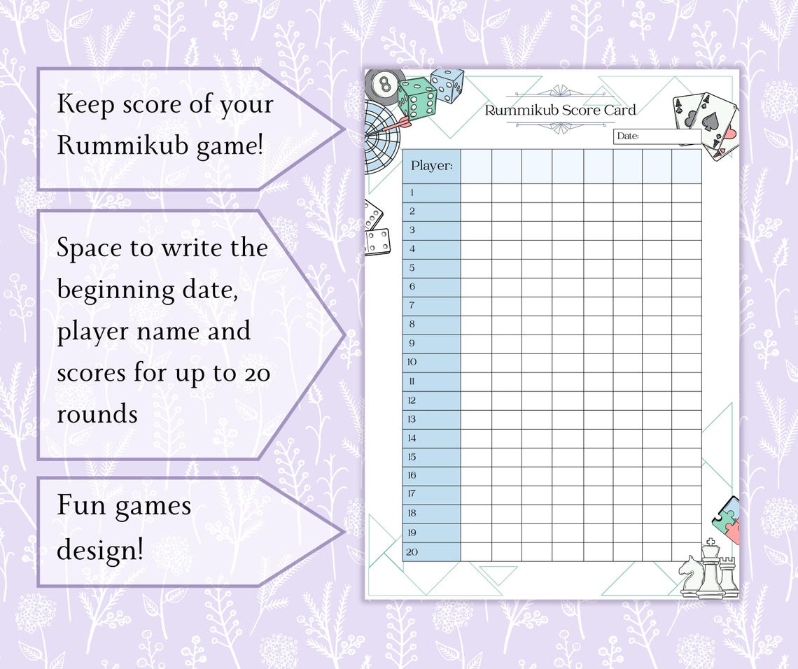 Rummikub Score Card Printable PDF | Rummy Score Board | Rummikub Score ...