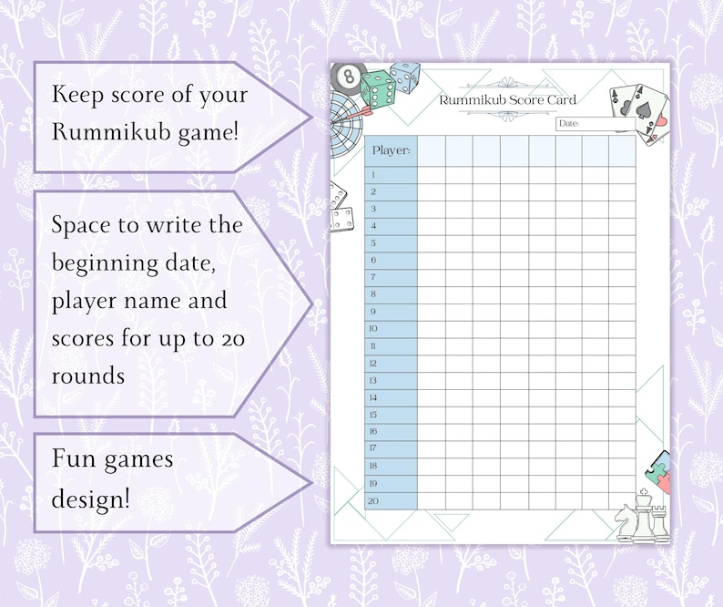Rummikub Score Card Printable PDF | Rummy Score Board | Rummikub Score ...