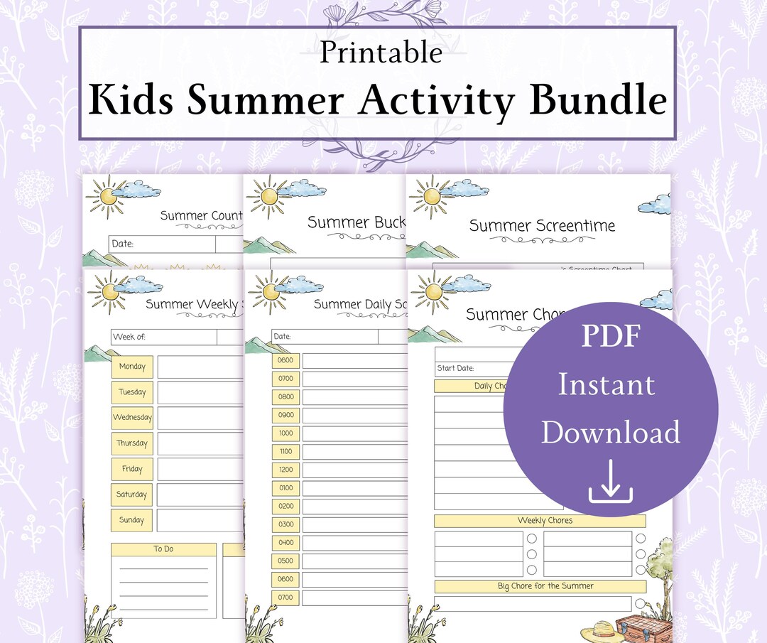 Kids Summer Activity Bundle Printable PDF | Summer Chore Chart for Kids ...