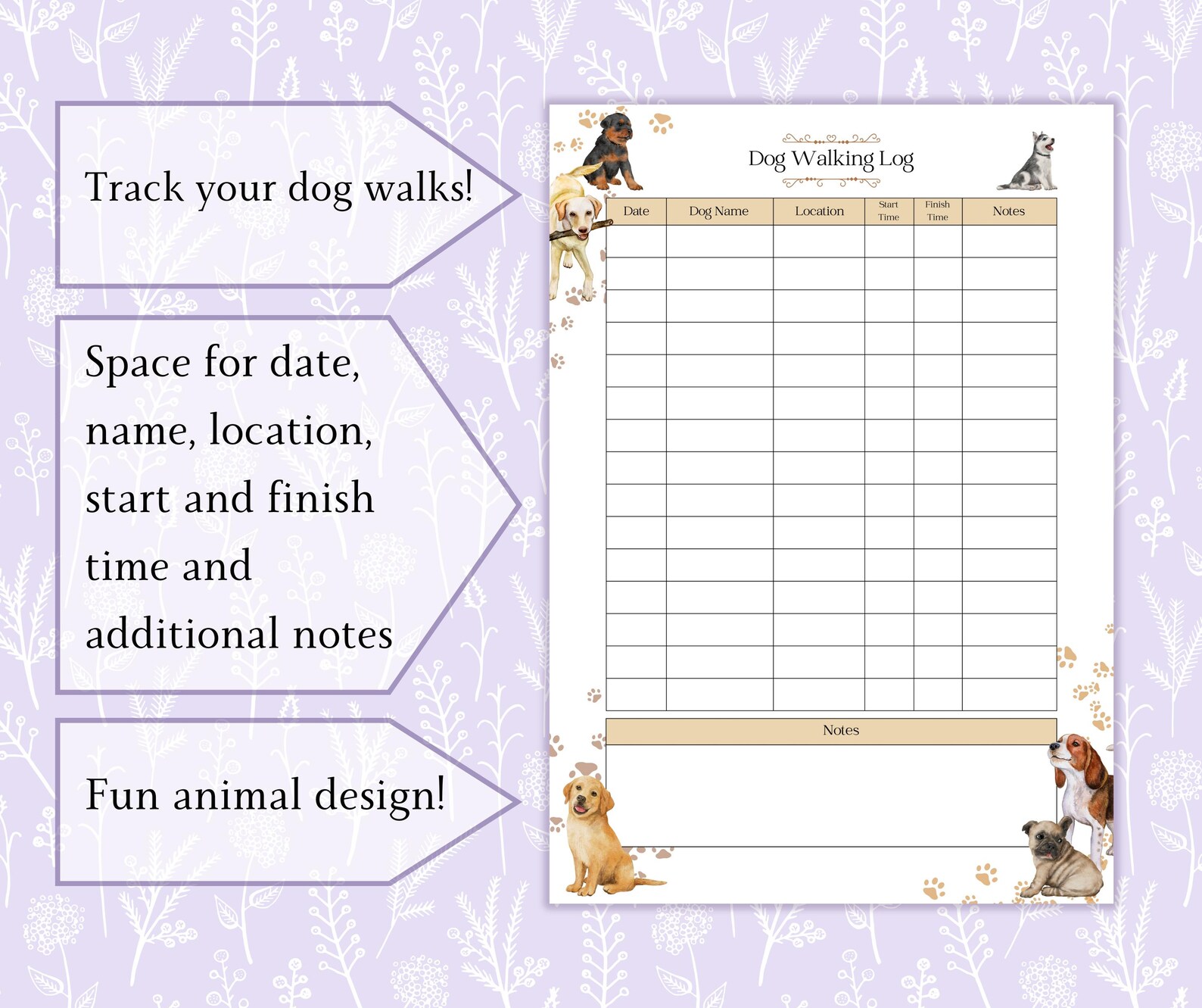 Dog Walking Log Printable PDF | Dog Walking Journal | Dog Walking ...