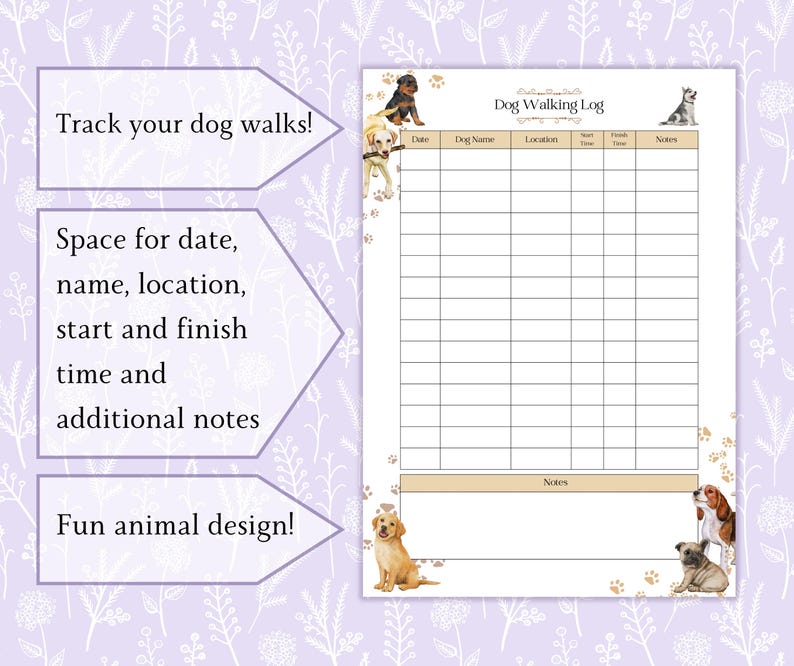 Dog Walking Log Printable PDF | Dog Walking Journal | Dog Walking ...