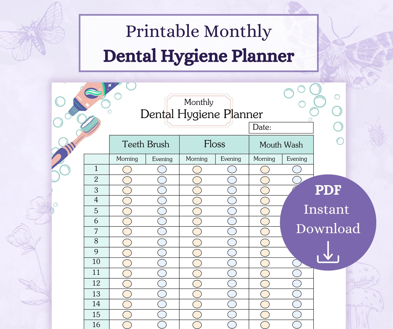 Monthly Dental Hygiene Planner Printable PDF | Tooth Brushing Tracker ...