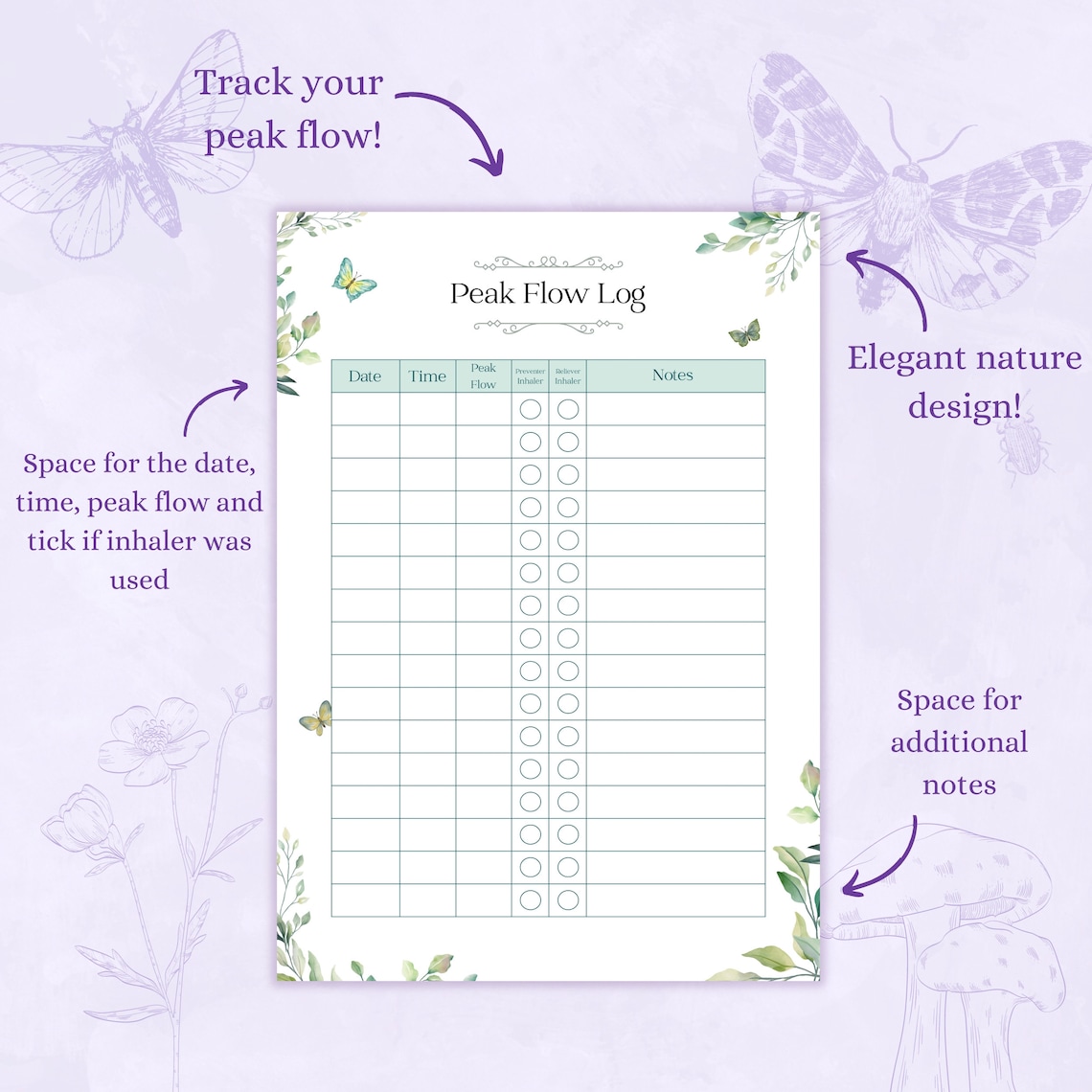 Peak Flow Log Printable PDF | Peak Flow Chart | Asthma Tracker ...