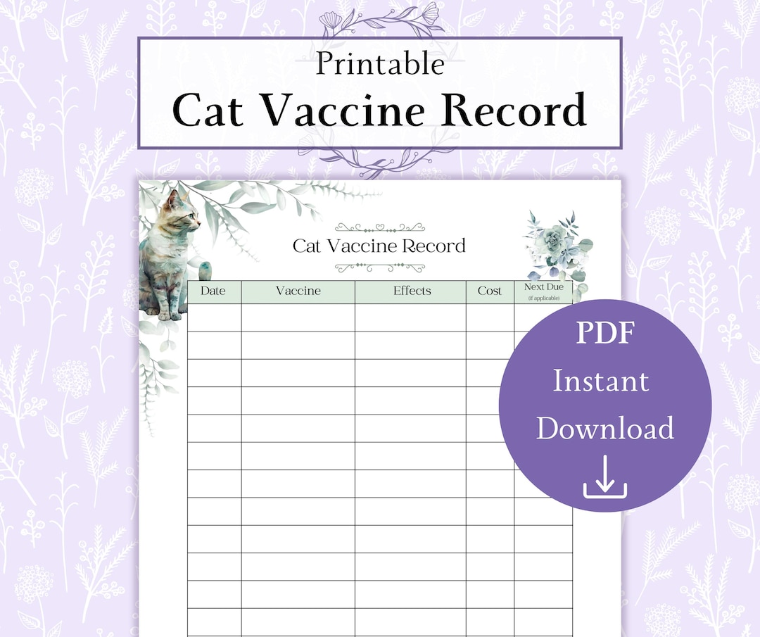 Printable Cat Vaccine Health Record PDF | Pet Health Tracker | Pet ...