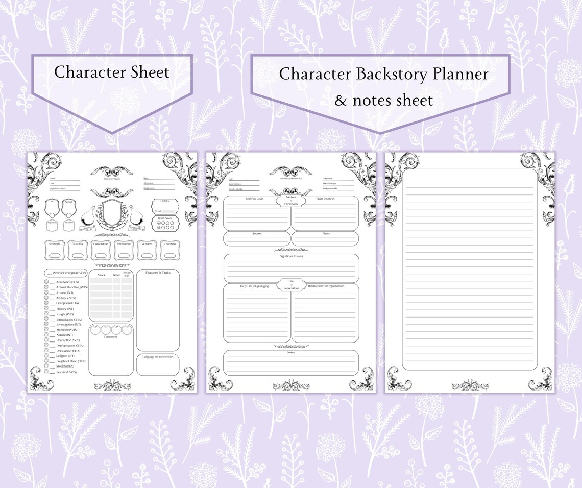 Gothic Character Sheet and Dnd Character Backstory Bundle Printable PDF ...