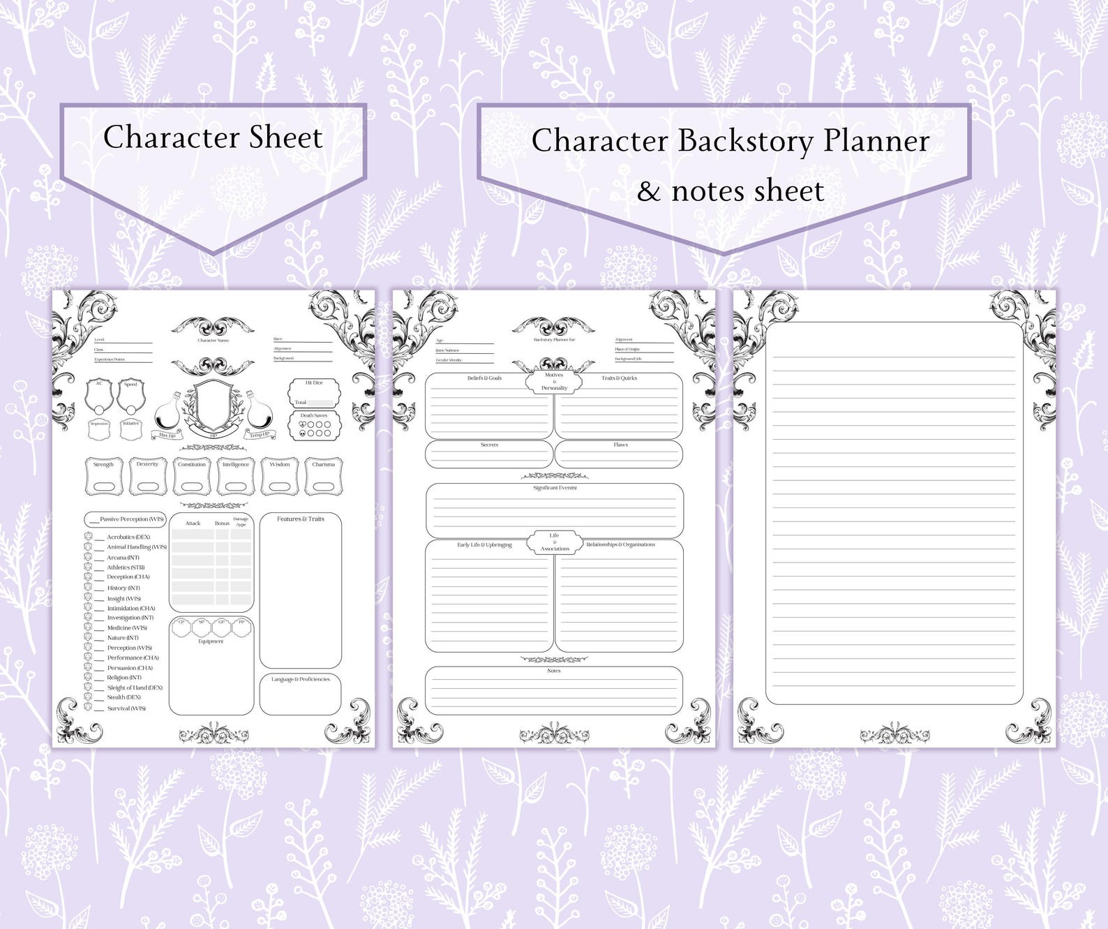 Gothic Character Sheet and Dnd Character Backstory Bundle Printable PDF ...