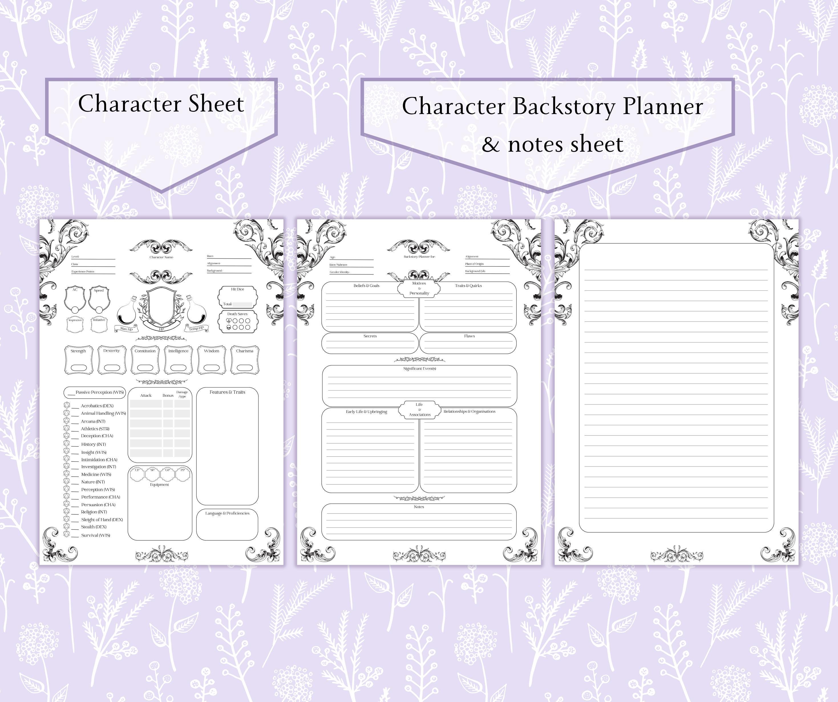 Gothic Character Sheet and Dnd Character Backstory Bundle Printable PDF ...