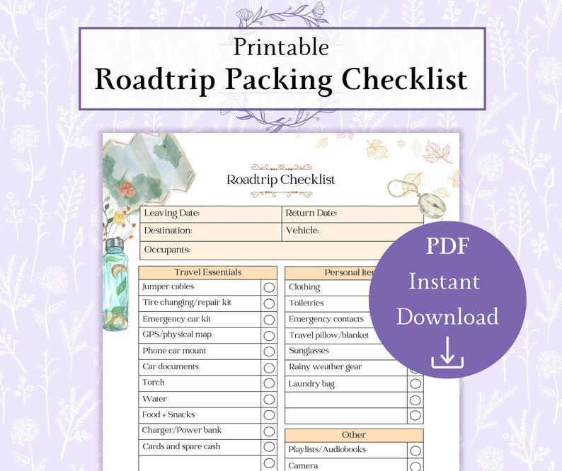 Roadtrip Packing Checklist Printable PDF | Roadtrip Essentials Travel ...