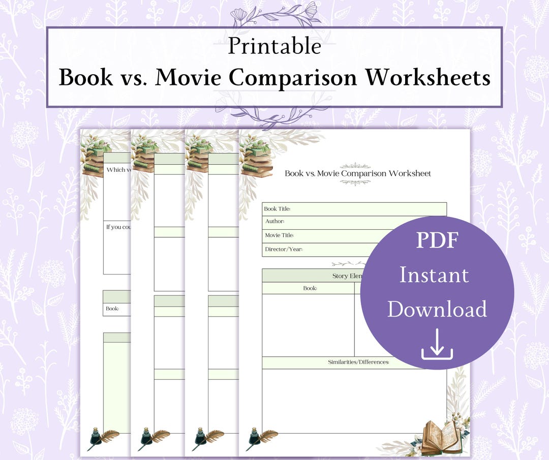 Book Vs. Movie Comparison Worksheet Printable PDF, Reading Journal Page ...
