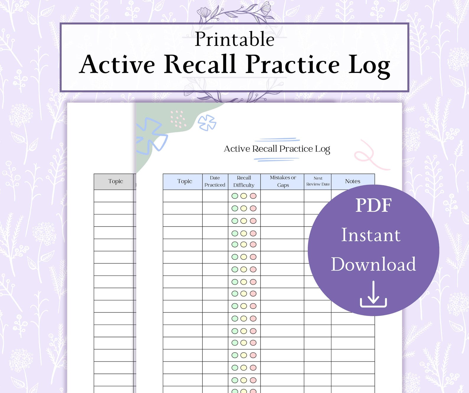 Active Recall Log Printable PDF, Revision Tracker, Study Log Template ...