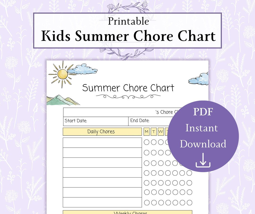 Summer Chore Chart for Kids Printable PDF | Kids Summer Chore List ...